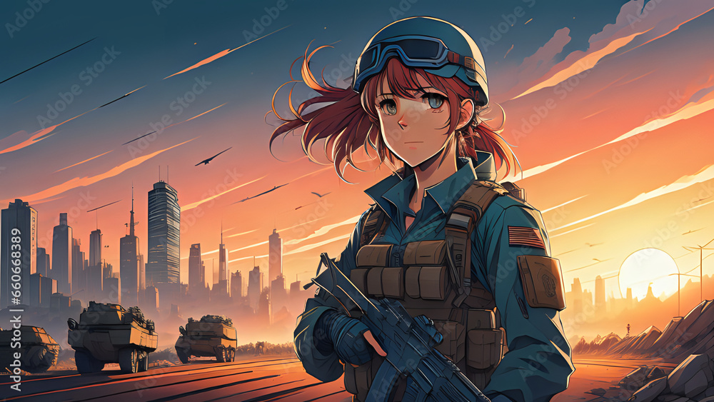 cartoon, manga, a young woman with bulletproof vest and automatic ...