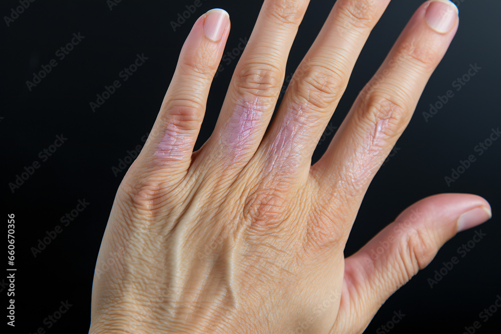 Woman suffering from strong allergy skin itchy symptom. Sick hands, dry ...