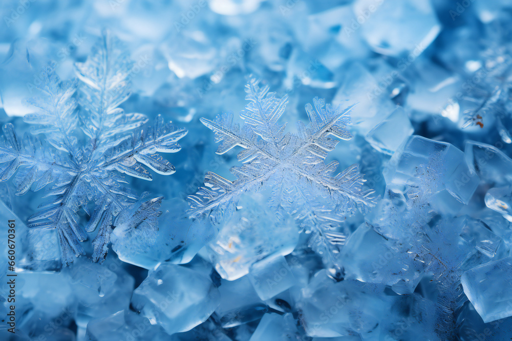 Macro photo of a snowflake on ice cubes background. Winter background ...