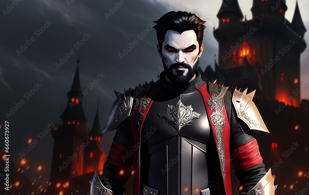 Vampire lord in gothic armor with gothic castle on night background ...
