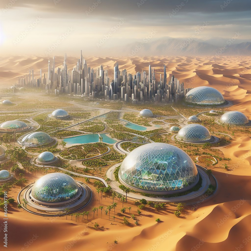 An eco-friendly utopian cityscape, where renewable energy sources are ...