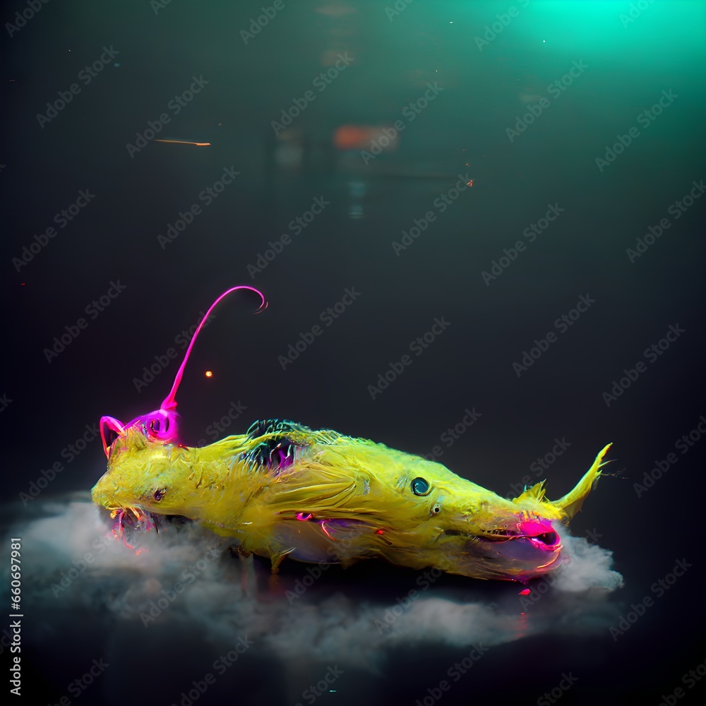 cyberpunk catfish with neon whiskers swimming through a volumetric ...