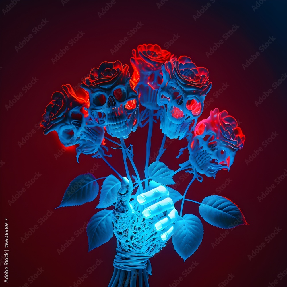 skeleton hand holding photo realistic of bouquet of red roses burning ...