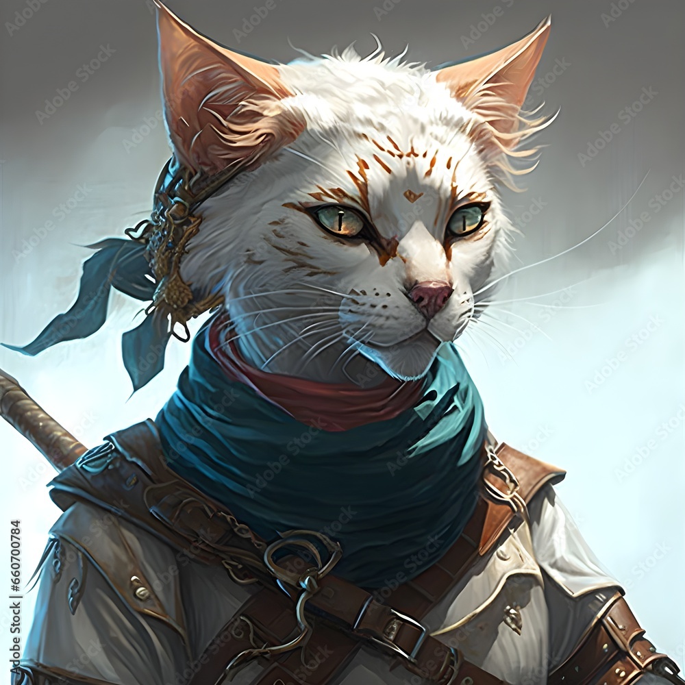 dnd tabaxi female pirate boatswain bandana white fur blue eyes scars ...