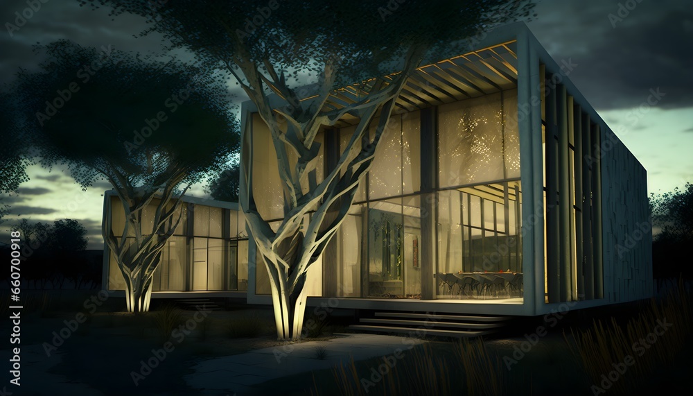 prairie house grove trees parametric soft fuzzy elongated fluid snaking ...