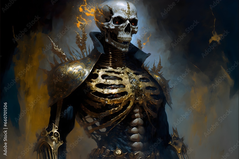 portrait angry Evil skeleton with black skull with golden symbols and ...
