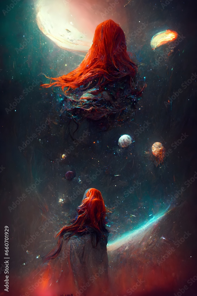 The outer space stars redhaired witch conjures Space fantasy concept ...