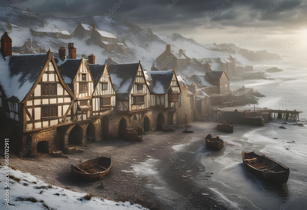 fantasy medieval seaside town in winter with ancient timber framed ...