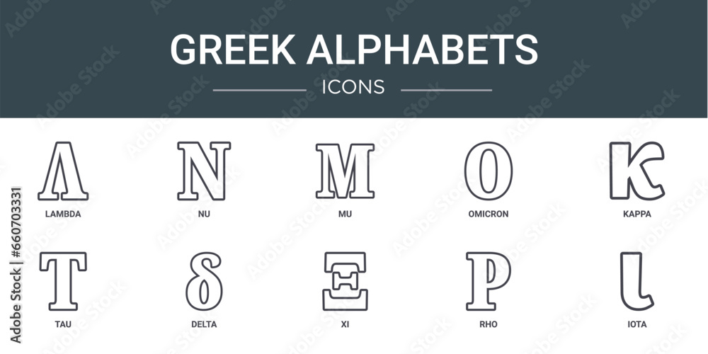 set of 10 outline web greek alphabets icons such as lambda, nu, mu ...