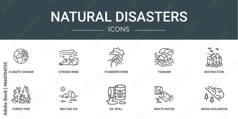 set of 10 outline web natural disasters icons such as climate change ...