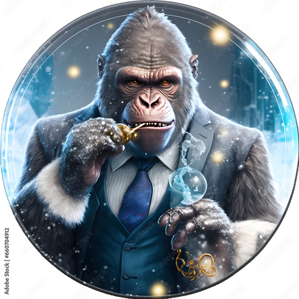 ape in a suit with a ring on its finger smoking a cigar inside of a ...
