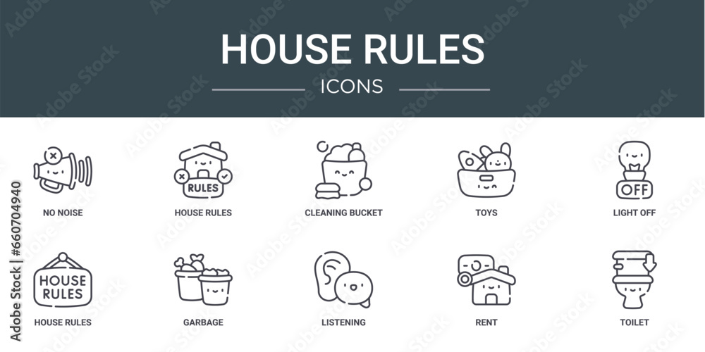 set of 10 outline web house rules icons such as no noise, house rules ...