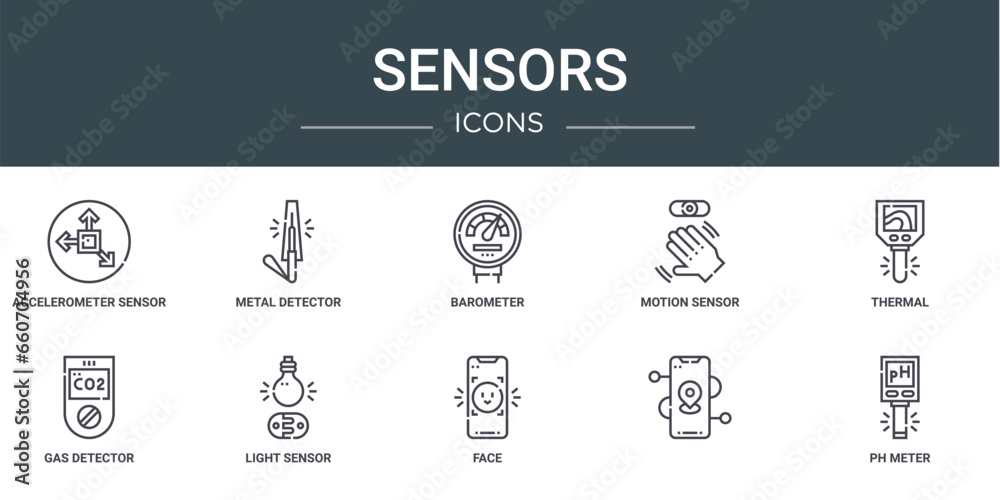 Vetor de set of 10 outline web sensors icons such as accelerometer ...