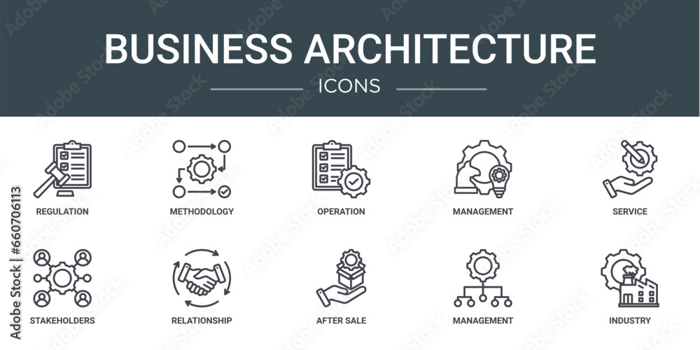 Vecteur Stock set of 10 outline web business architecture icons such as regulation, methodology ...