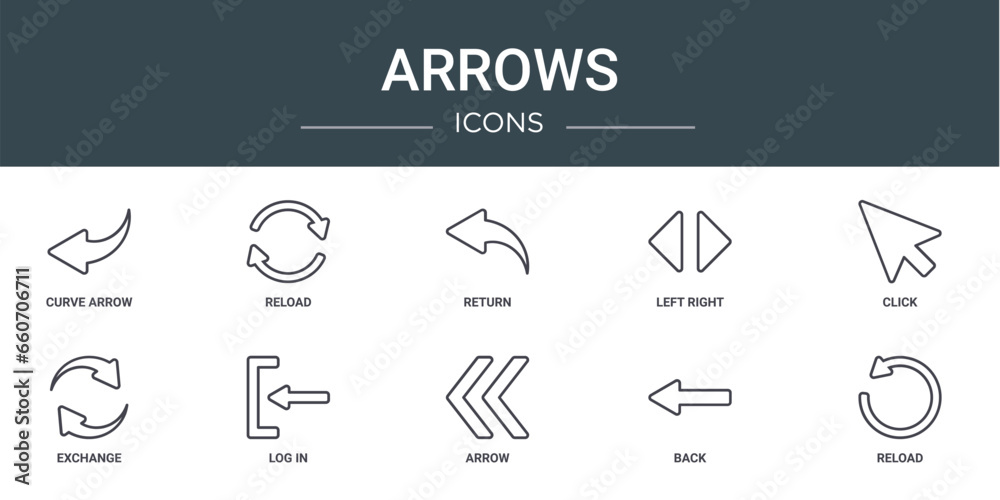 set of 10 outline web arrows icons such as curve arrow, reload, return, left right, click ...