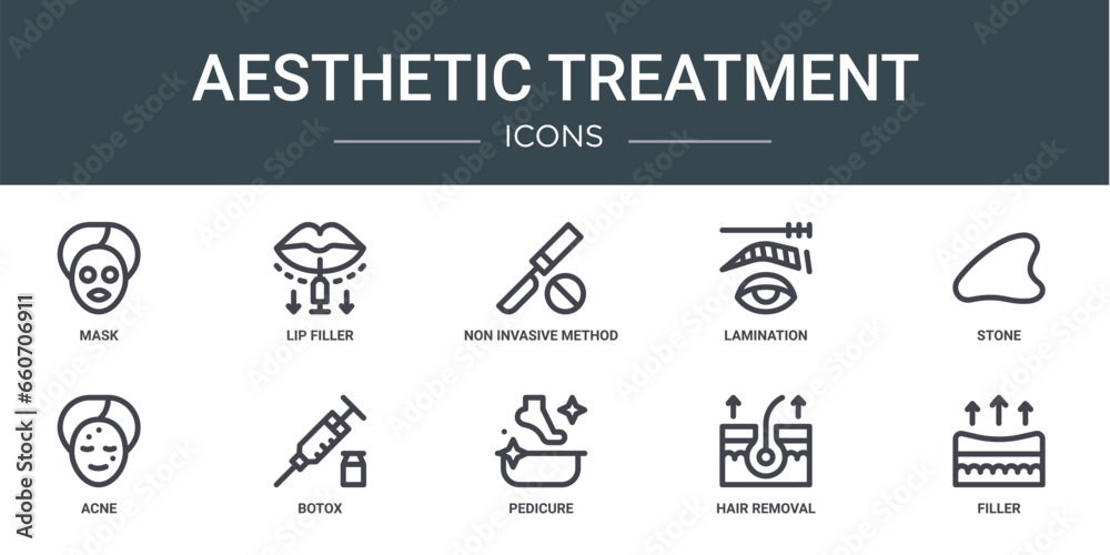 set of 10 outline web aesthetic treatment icons such as mask, lip ...