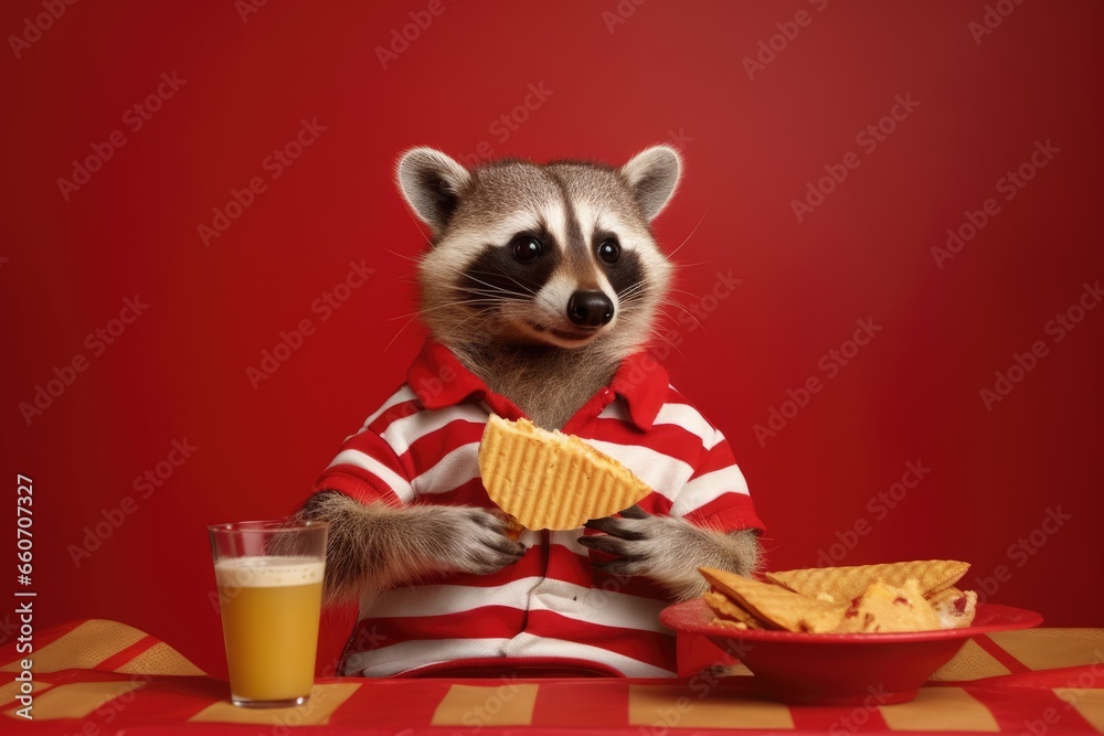 Fun and Adorable Photo of an Animal raccoon Eating Nachos and Drinking ...