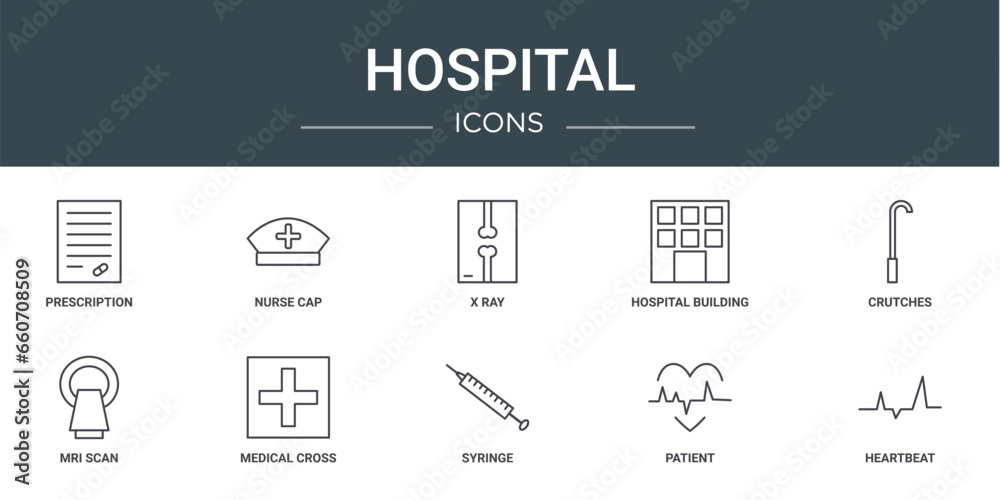 set of 10 outline web hospital icons such as prescription, nurse cap, x ...