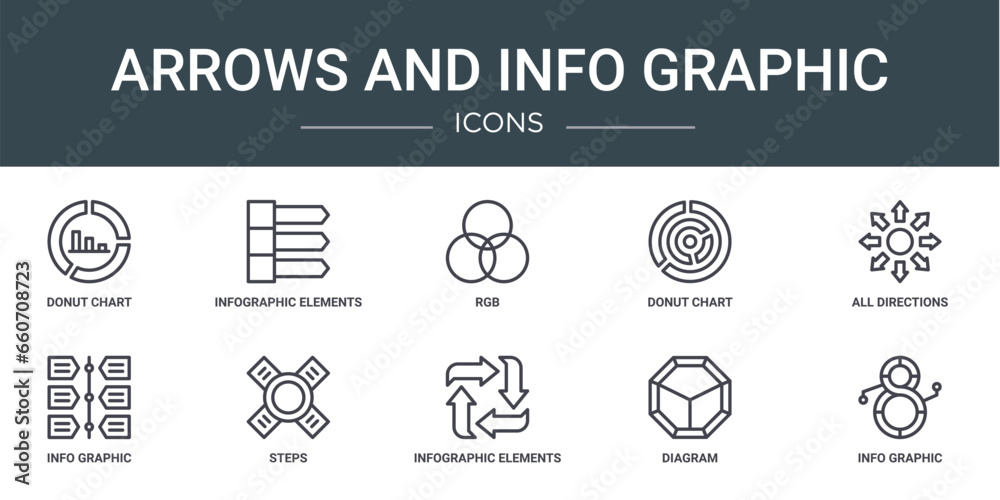 set of 10 outline web arrows and info graphic icons such as donut chart ...