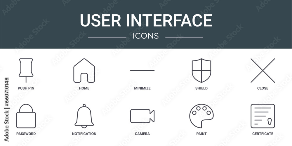 set of 10 outline web user interface icons such as push pin, home, minimize, shield, close ...