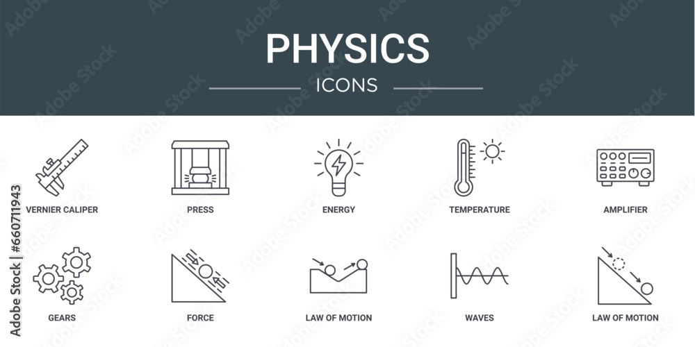 set of 10 outline web physics icons such as vernier caliper, press ...