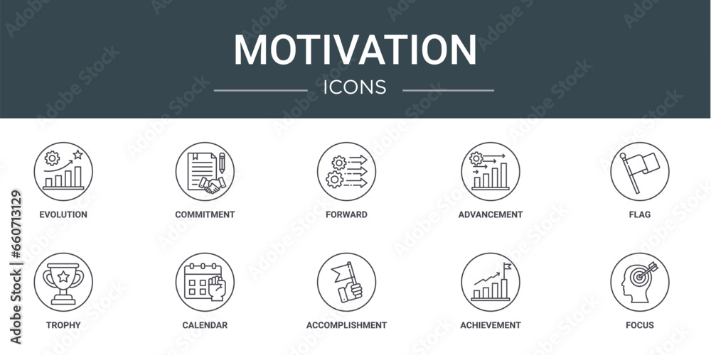 set of 10 outline web motivation icons such as evolution, commitment ...