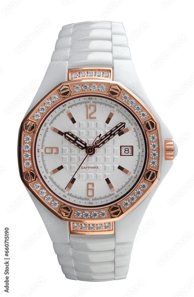 Luxury white and gold wrist watch men in octagonal face with jewels and ...