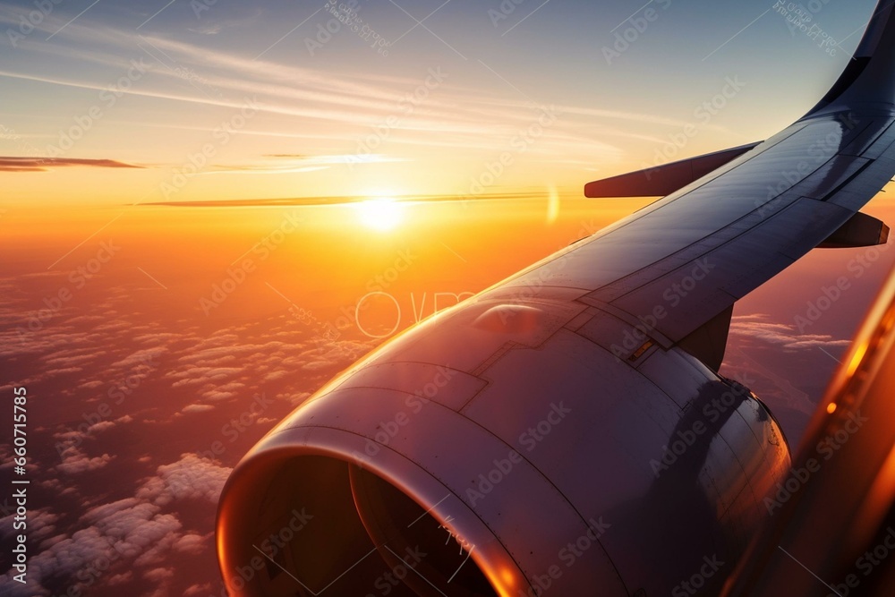 Bird's eye view of airplane wing and engine at sunrise. Generative AI ...