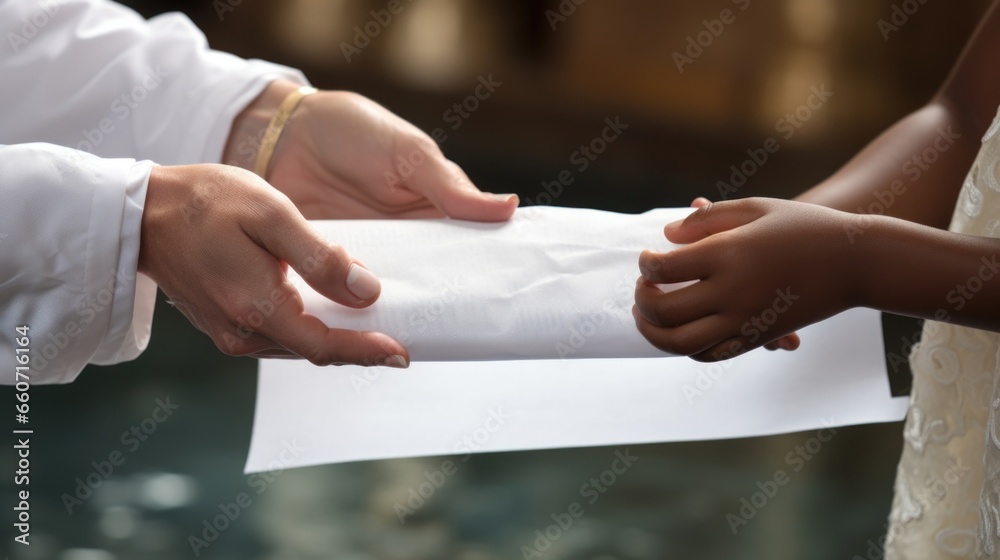 Closeup of a baptismal certificate being handed to the newly baptized ...