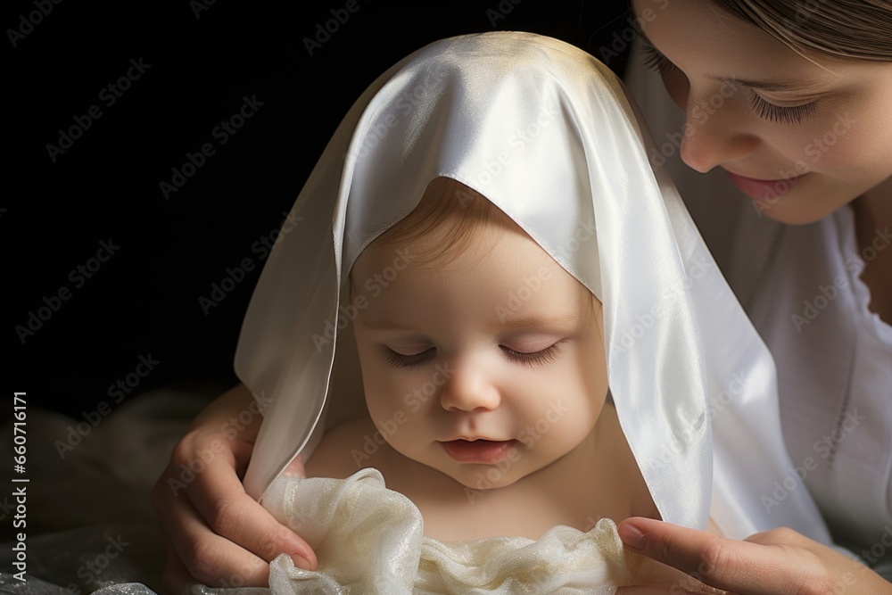Concept photo of a baptismal gown being carefully p over a babys head ...