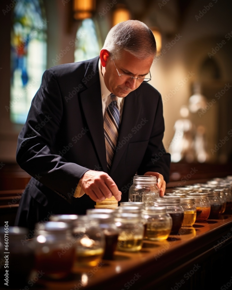 Concept photo of a church member helping to prepare the Communion ...