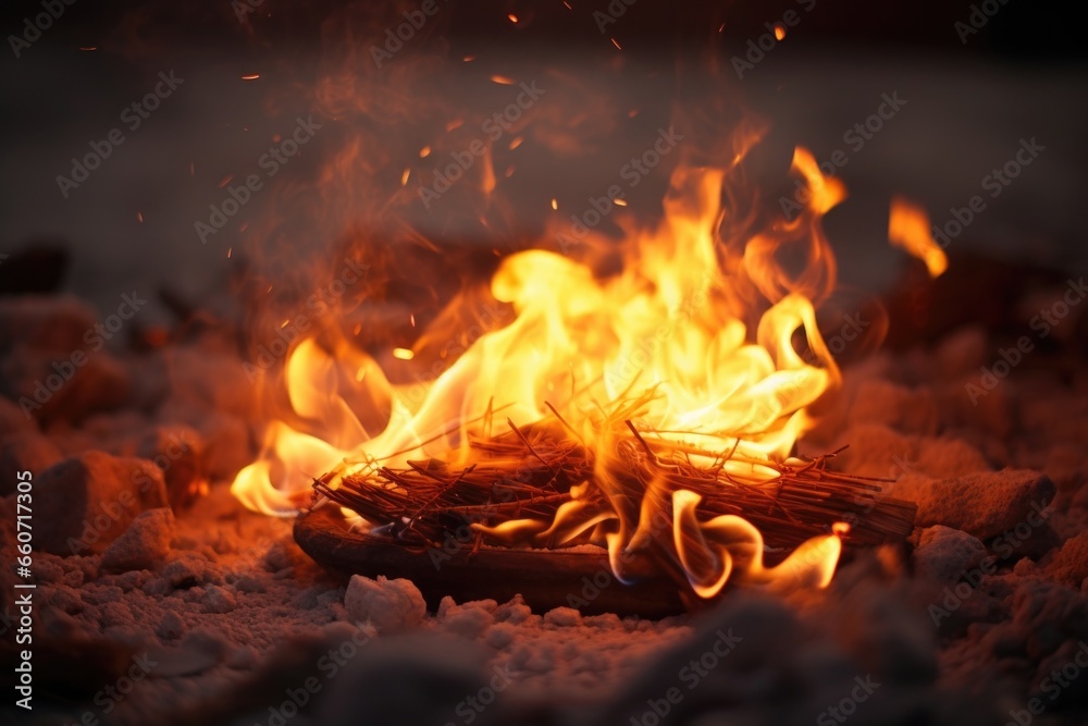 Concept photo of the sacred fire burning at night, its flames casting a ...