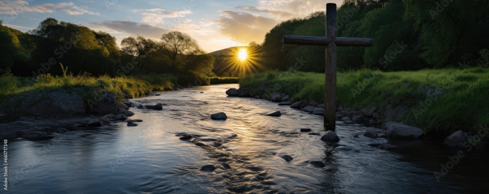 A peaceful river flowing gracefully around a wooden cross planted ...