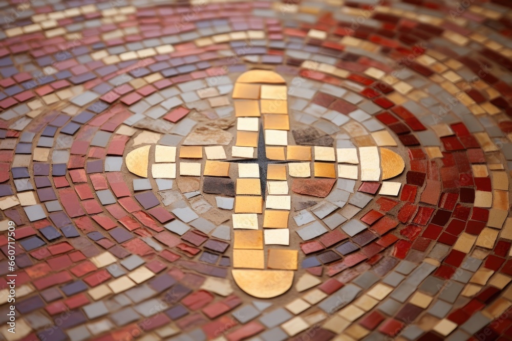 Zoomedin view of a mosaic cross, beautifully crafted in earthy tones of ...