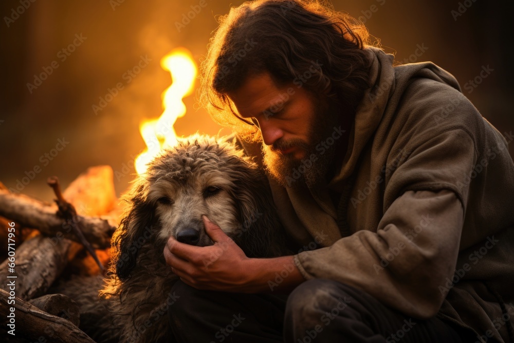Closeup of a shepherd huddled around a campfire with his sheep, a small ...