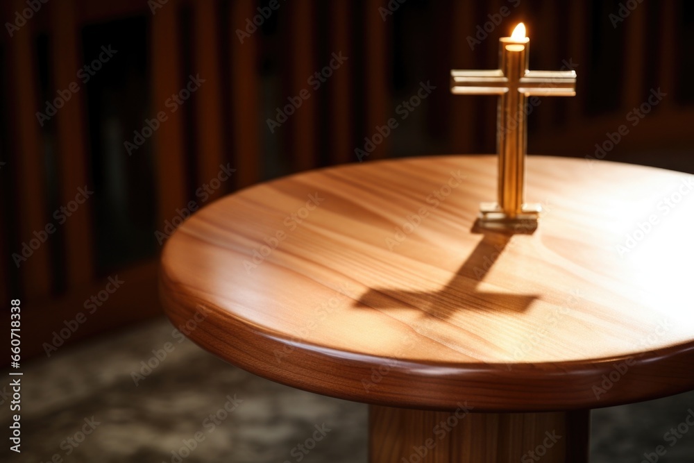 Concept photo of a simple wooden cross p at the center of a communion ...