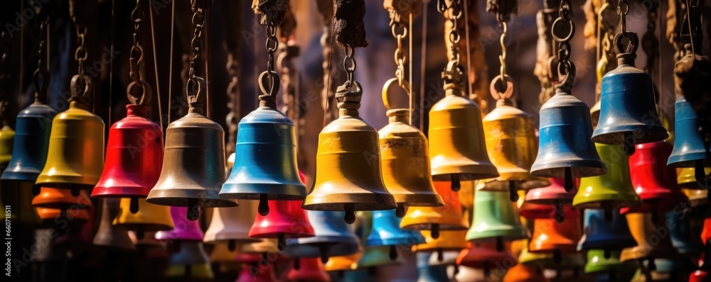 A breathtaking image of colorful church bells ringing in unison, adding ...