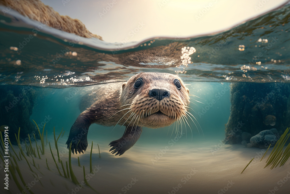 Happy otter looking through underwater wallpaper image Ai generated art ...