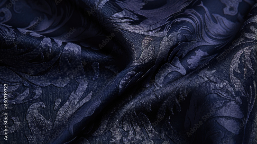 Closeup of a brocade fabric texture in a regal navy blue color, with a ...