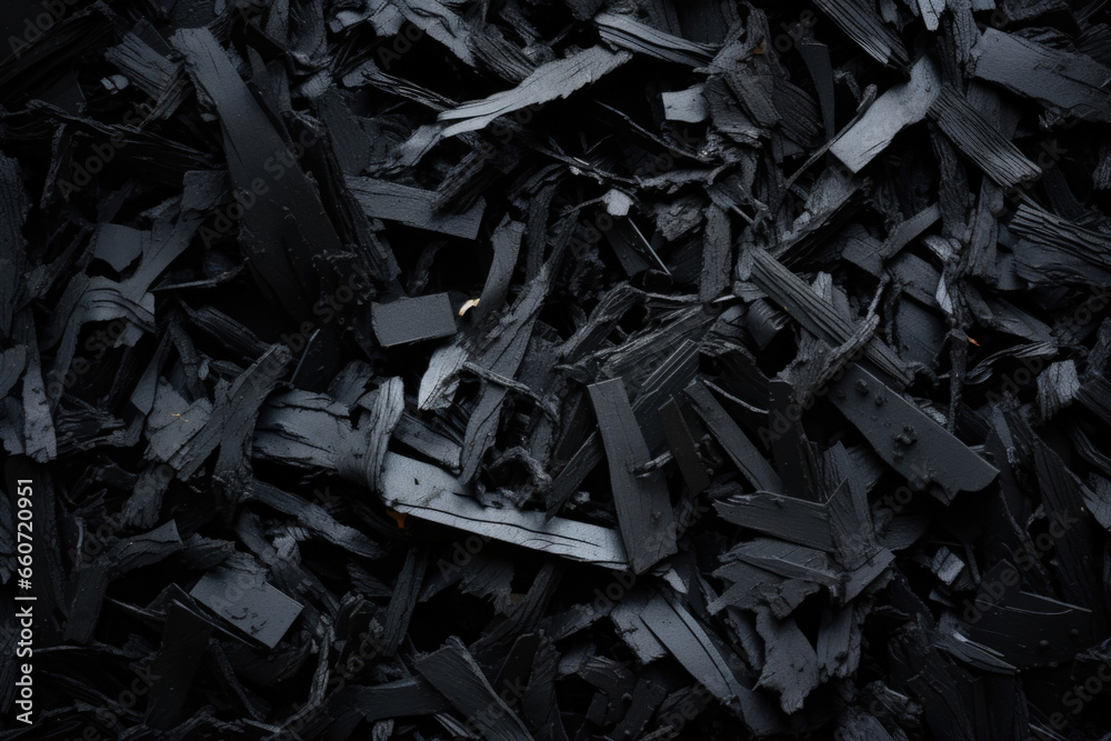 Closeup of shredded rubber pieces overlapping and intertwining ...