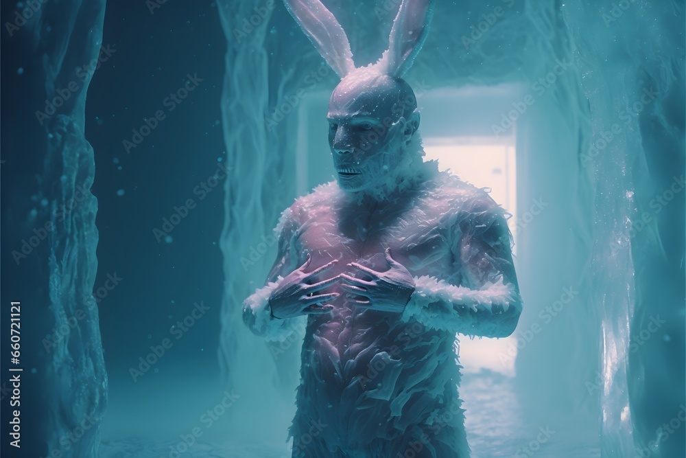 nightmare man in easter bunny costume frozen in ice wall atmospheric ...