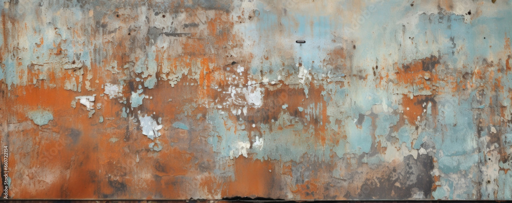 Texture of a rusted metal wall covered in graffiti, with the faded and ...