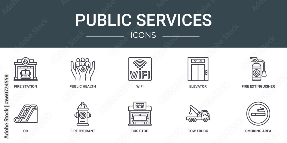 set of 10 outline web public services icons such as fire station ...