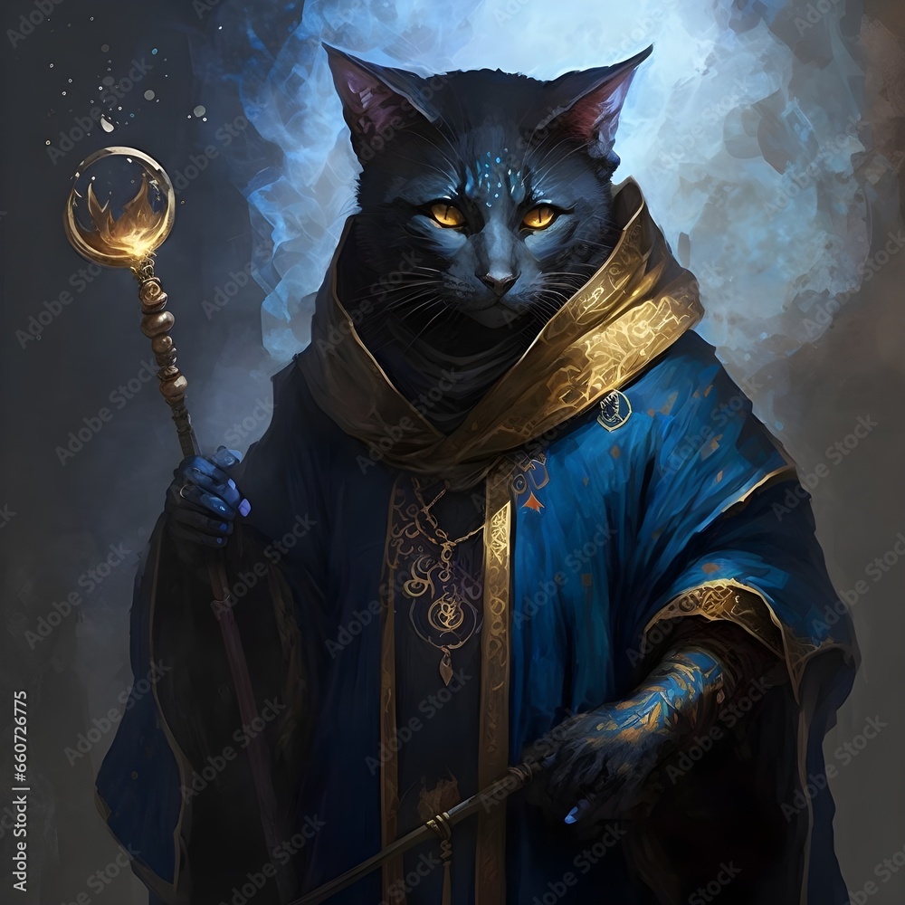 dnd tabaxi black fur with gold speckly blue eyes magical aura thick ...