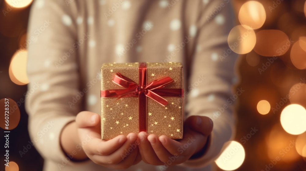 Magical Christmas Moment: Children's Hands Holding a Gift in Front of a ...