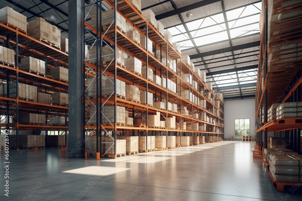 Interior view of a spacious warehouse with multi-tier racks and pallets ...