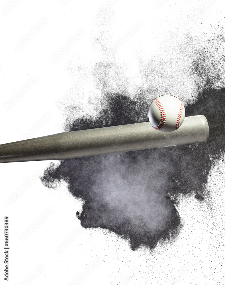 Baseball player hit ball with silver bat and sand soil explode in air ...