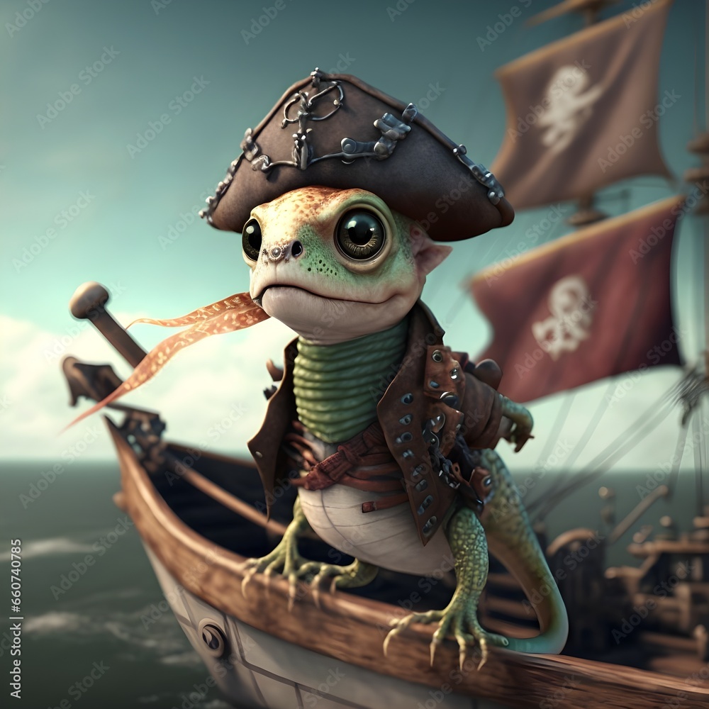 kawaii gecko pirate sur un navire ressemblant jack sparrow Stock ...