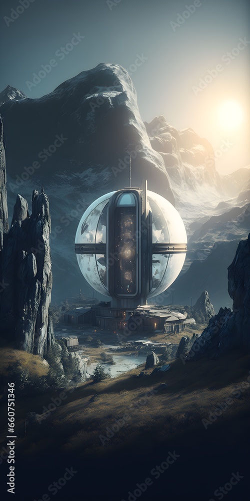 cinematic realism Elysium space station but swampland mountains instead ...