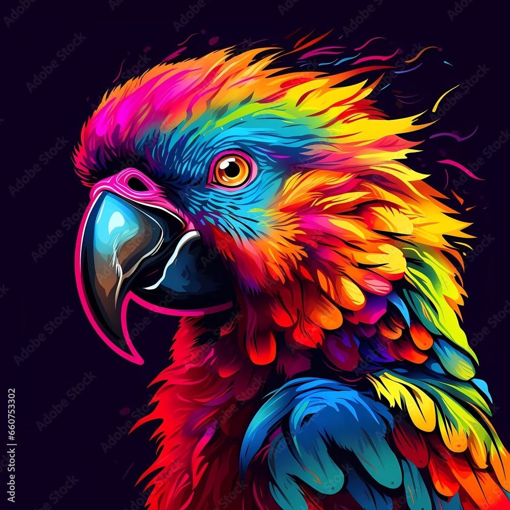 Parrot illustration in abstract, rainbow ultra-bright neon artistic ...